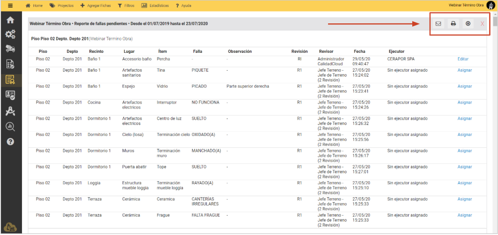 Reporte de Fallas pendientes – Calidad Cloud